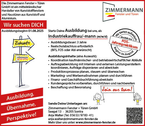 Aktuelle Stellenangebote bei Zimmermann Fenster und Türen